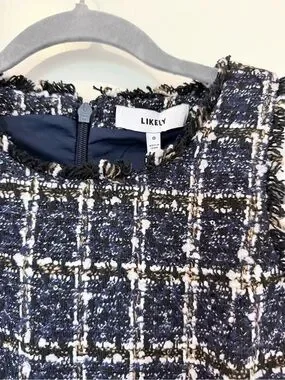 Likely | Dresses | Likely Navy White And Tan Tweed Fringe Shift Dress ...